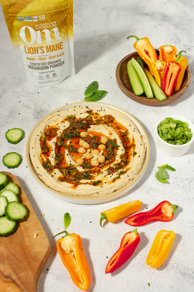 Superfood Lion's Mane Hummus with Herby Harissa Oil – Om Mushroom Superfood